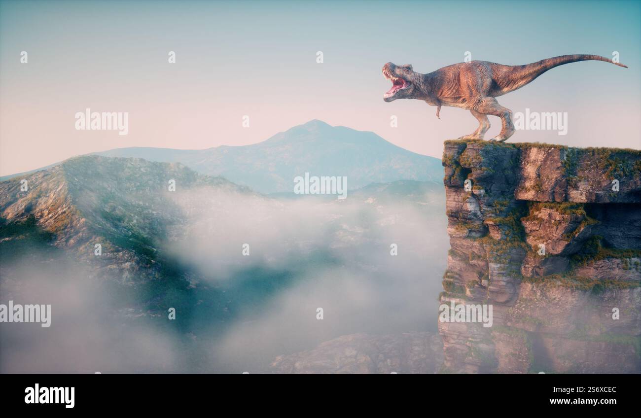 T rex on top of a mountain rock . This is a 3d render illustration ...