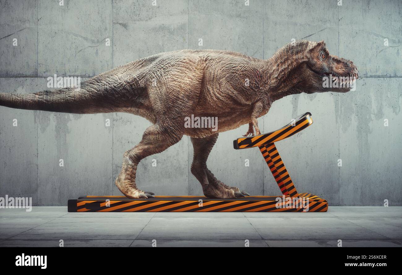 Tyrannosaurus Rex running on a treadmill. Fitness and workout concept ...