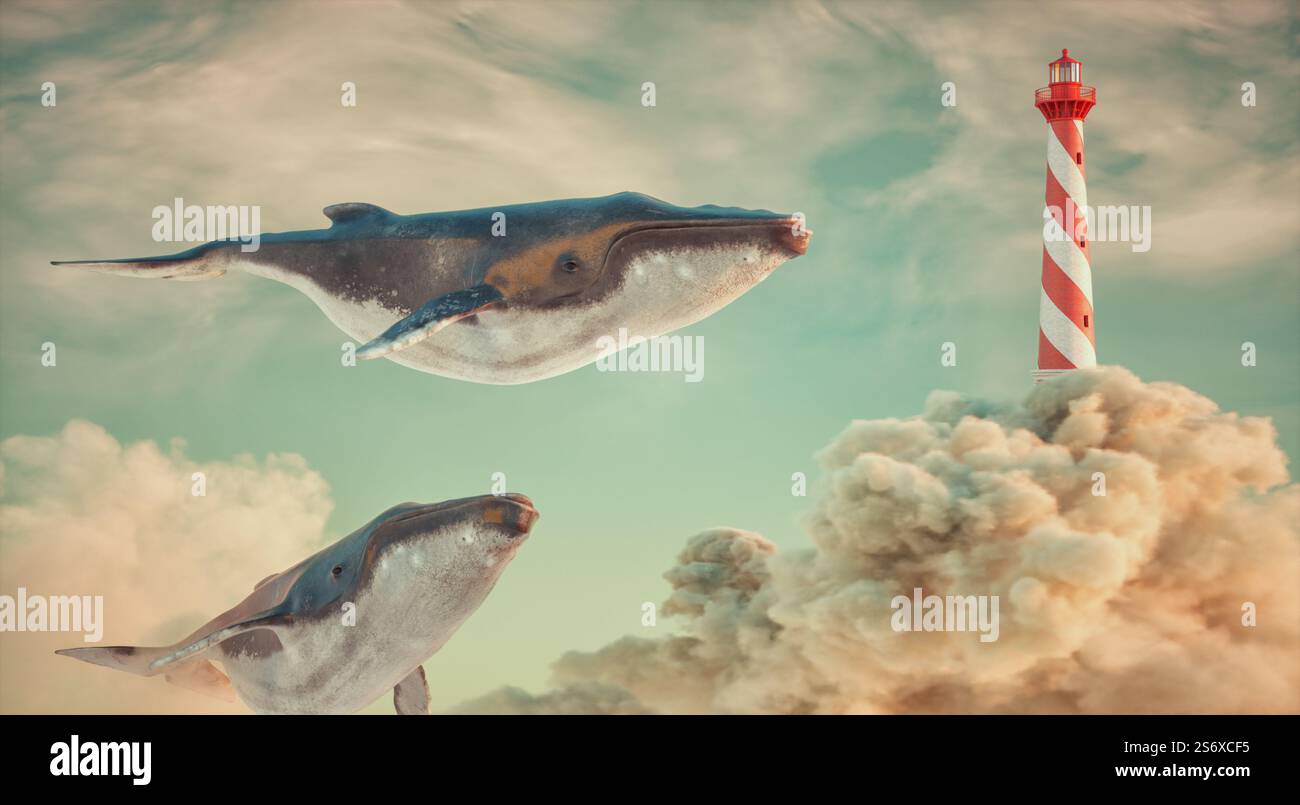 Whales flying in the sky around a lighthouse. Imagination and dream big ...