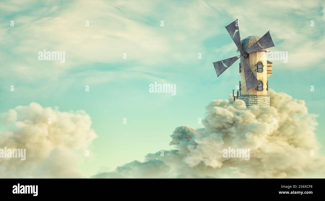 Windmill on top of a cloud in the sky . Dreaming and development ...