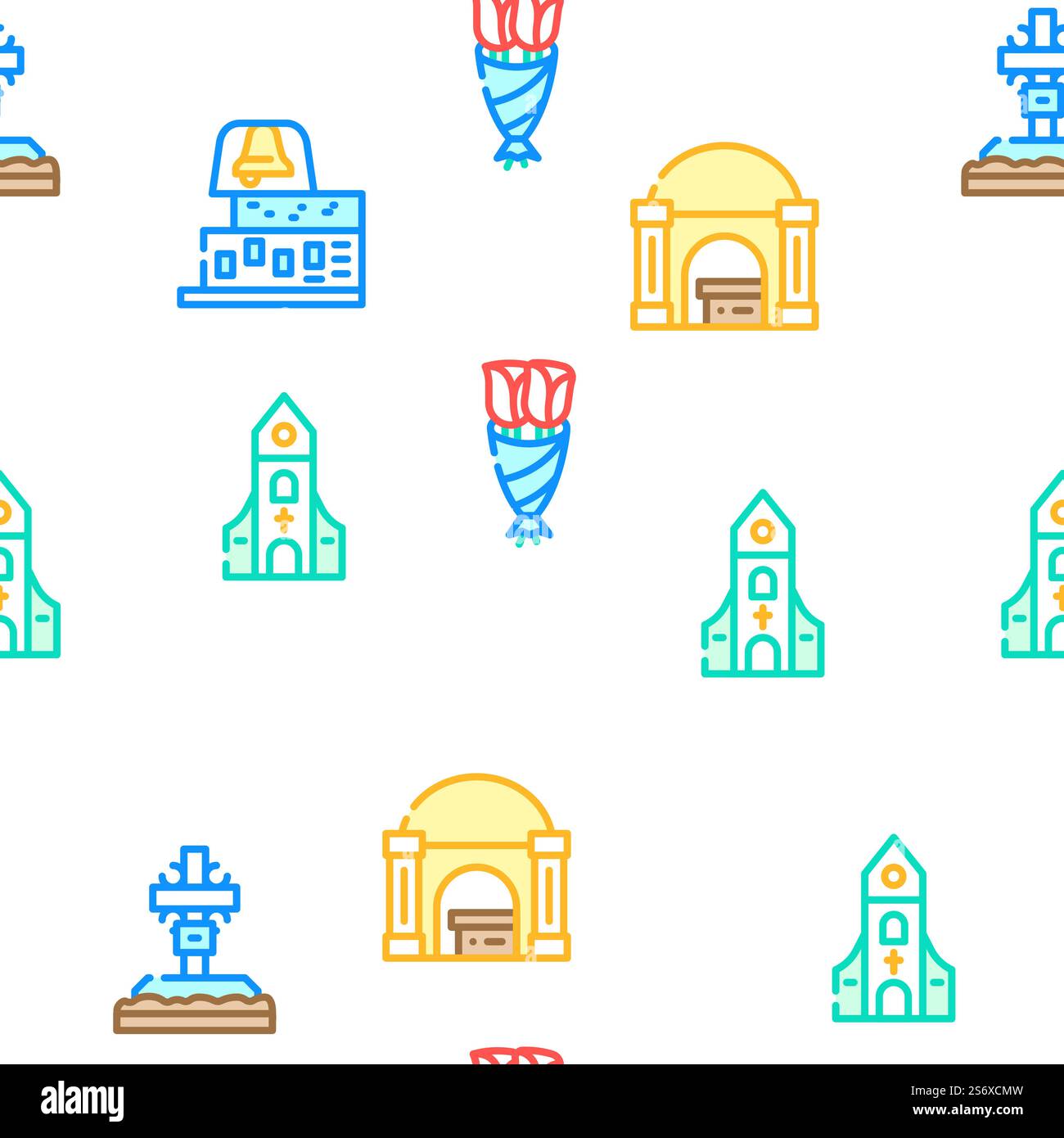 Funeral Dead Ceremony Vector Seamless Pattern Color Line Illustration ...