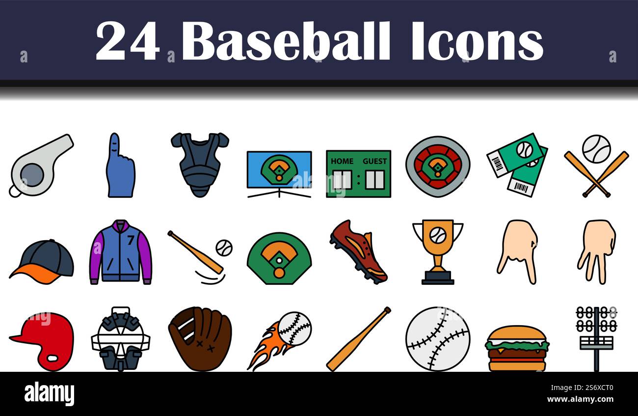 Baseball Icon Set. Editable Bold Outline With Color Fill Design. Vector ...