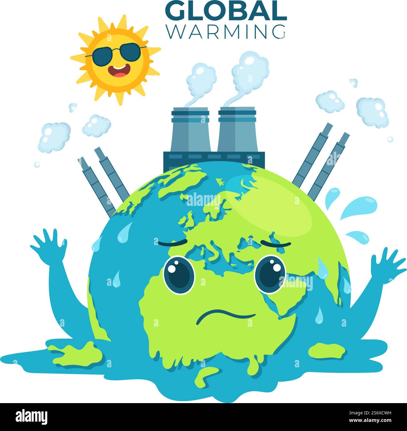 Global Warming Cartoon Style Illustration with Planet Earth in a Melting or Burning State and ...