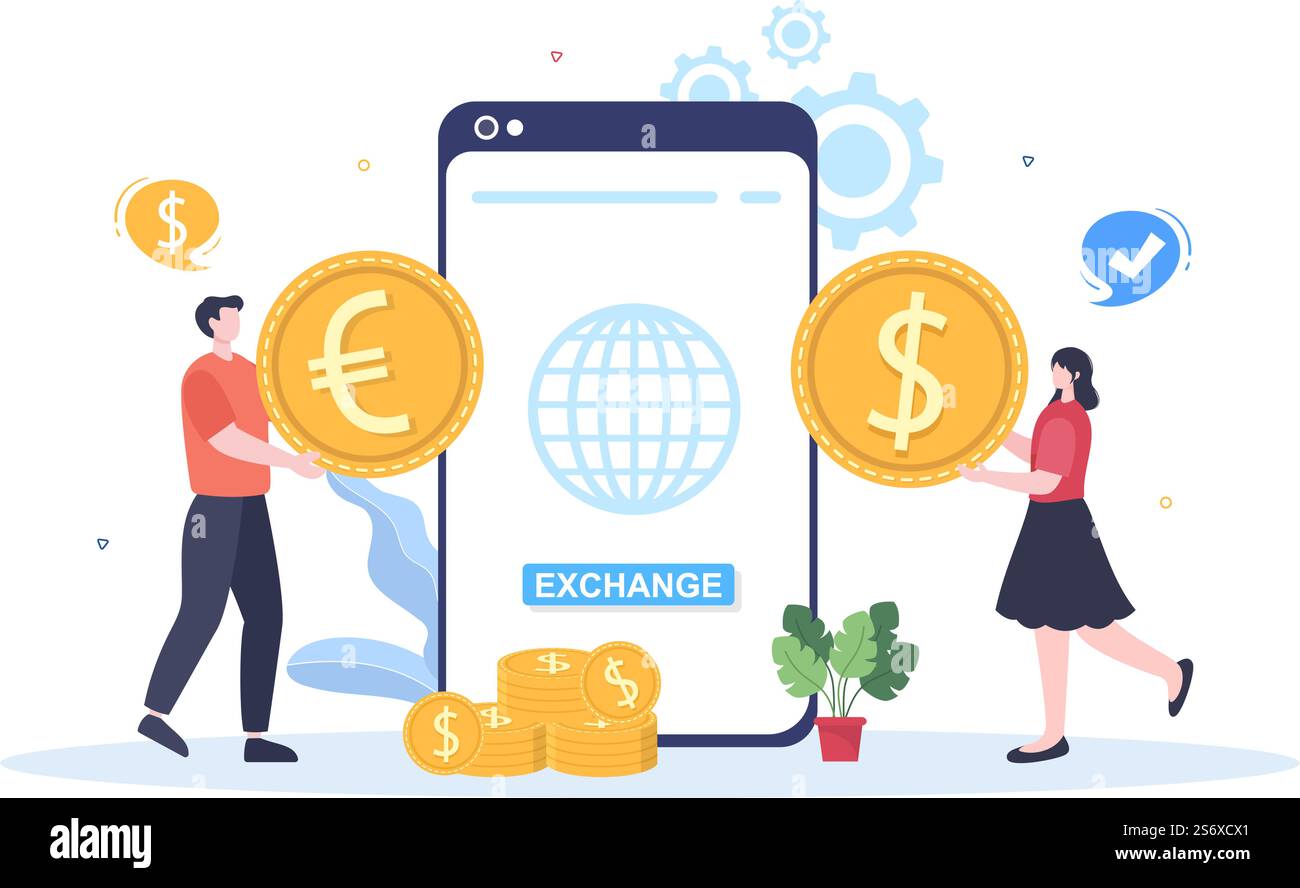 World Currency Exchange Services Cartoon Illustration Online Economy ...