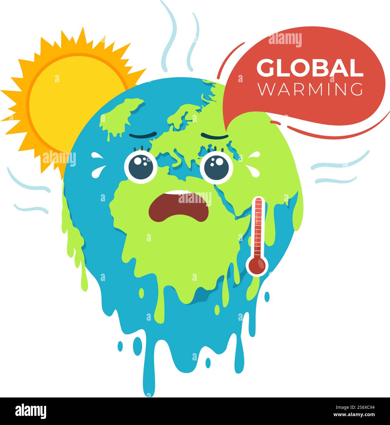 Global Warming Cartoon Style Illustration with Planet Earth in a Melting or Burning State and ...