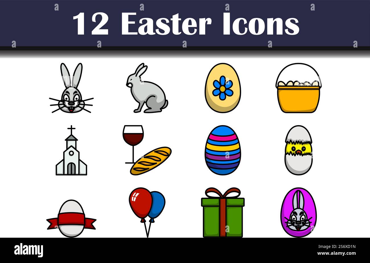 Easter Icon Set. Editable Bold Outline With Color Fill Design. Vector ...