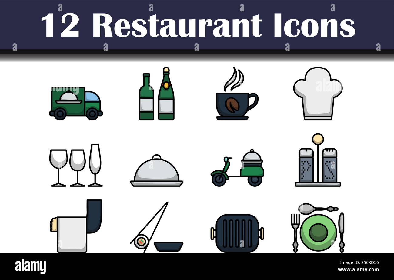 Restaurant Icon Set. Editable Bold Outline With Color Fill Design ...