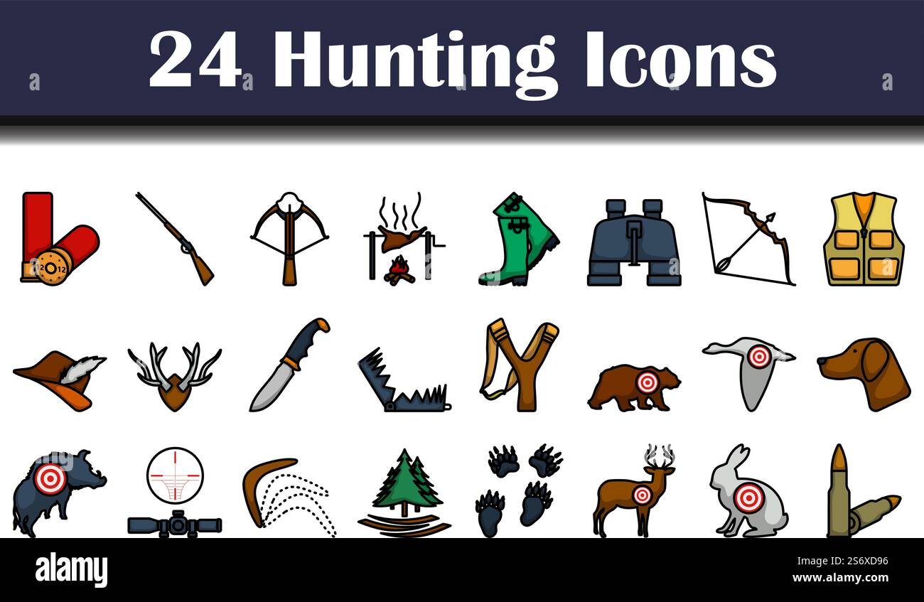 Hunting Icon Set. Editable Bold Outline With Color Fill Design. Vector ...