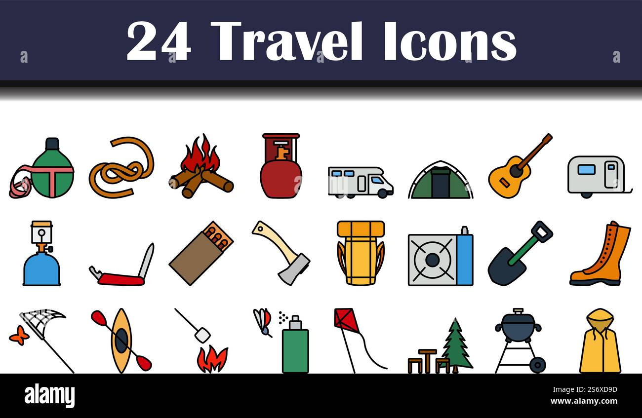Travel Icon Set. Editable Bold Outline With Color Fill Design. Vector ...