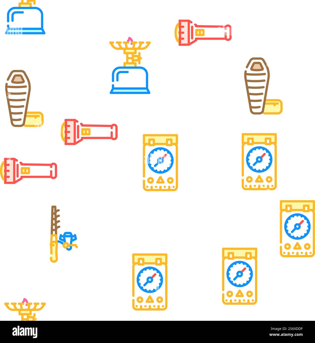 Camping Hiker Tool And Gadget Vector Seamless Pattern Color Line ...