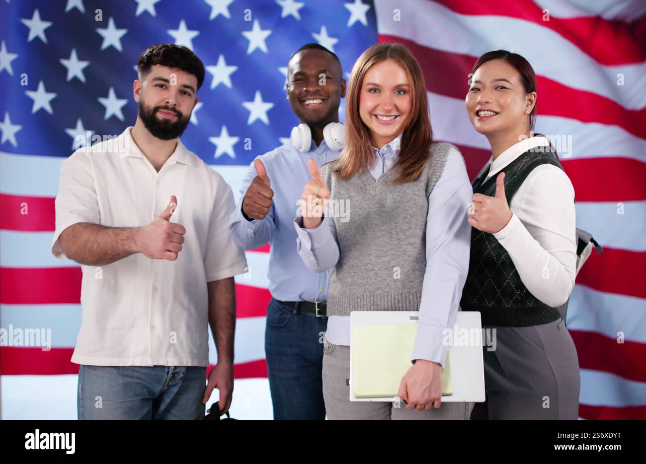 American Student Group. School Day Celebrations In Front Of USA Flag ...