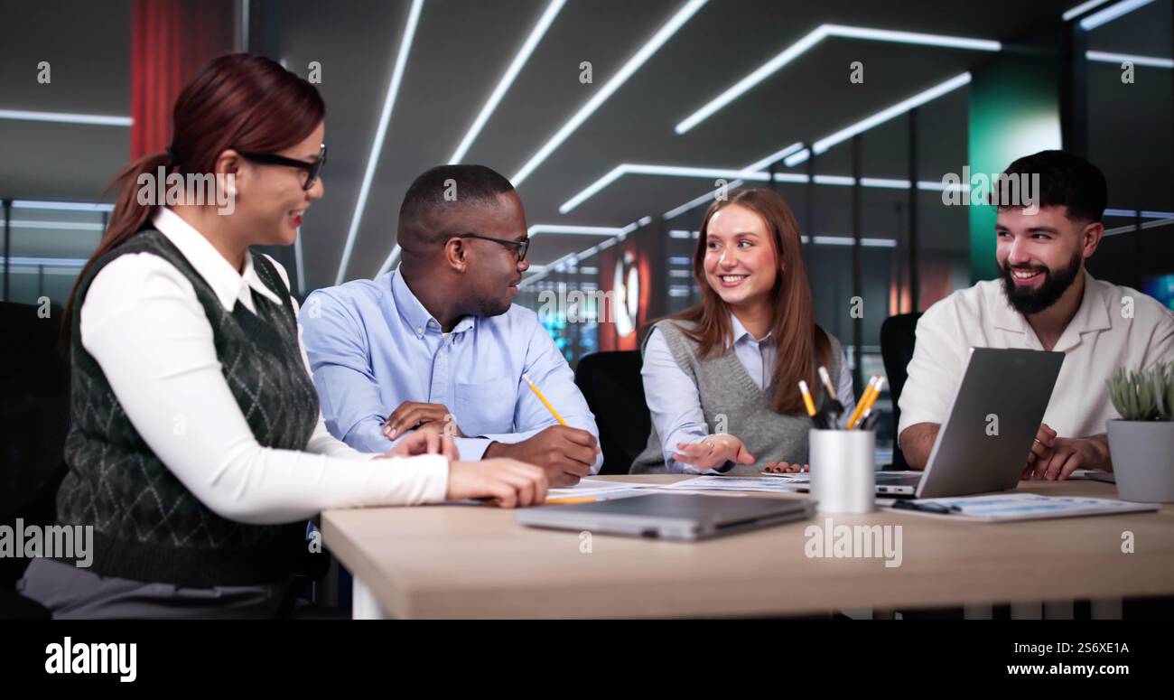 Office Group Meeting Five High. Diverse Team At Workplace Stock Photo ...