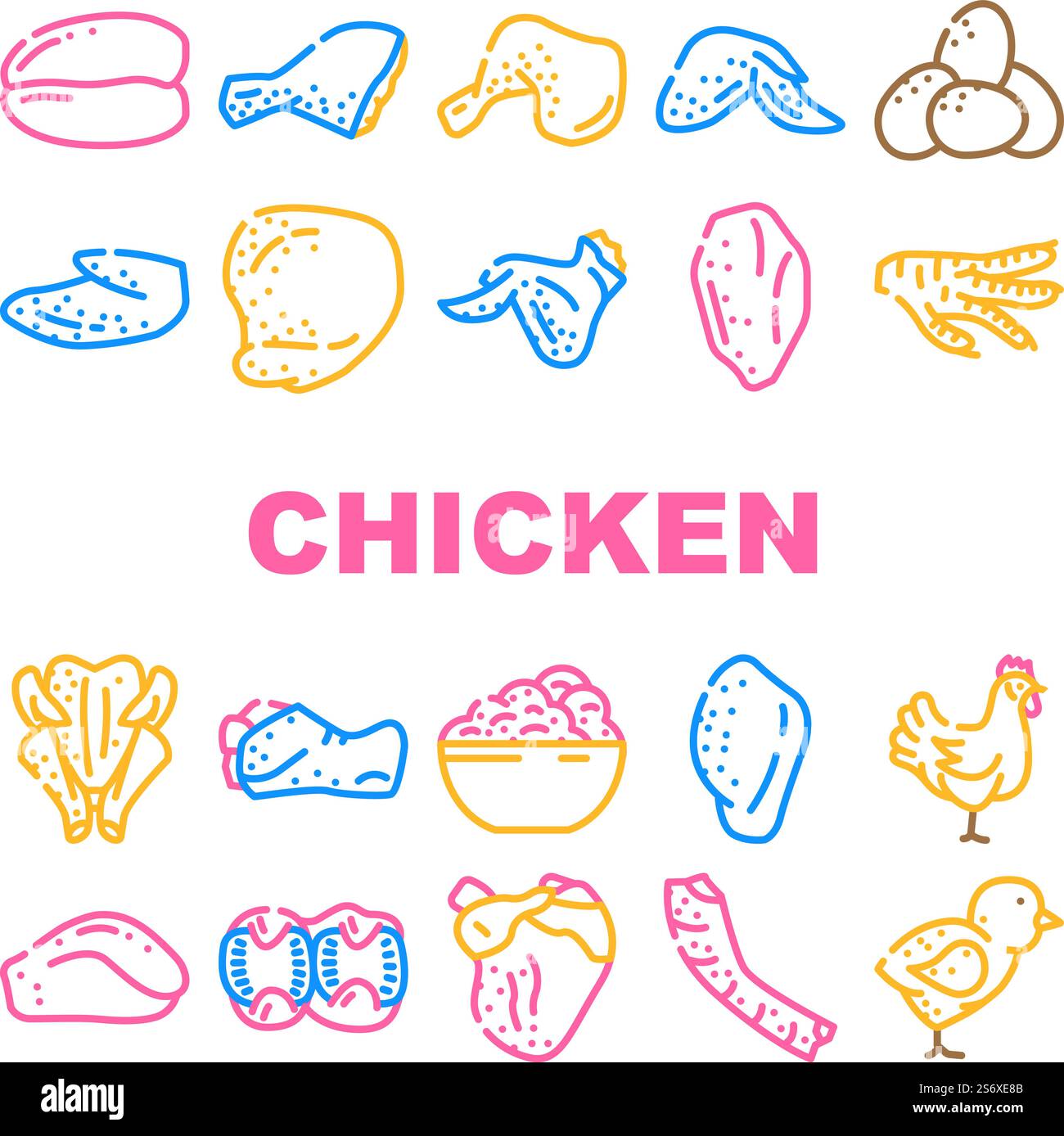 Chicken Carcass, Meat And Organs Icons Set Vector. Chicken Broiler ...