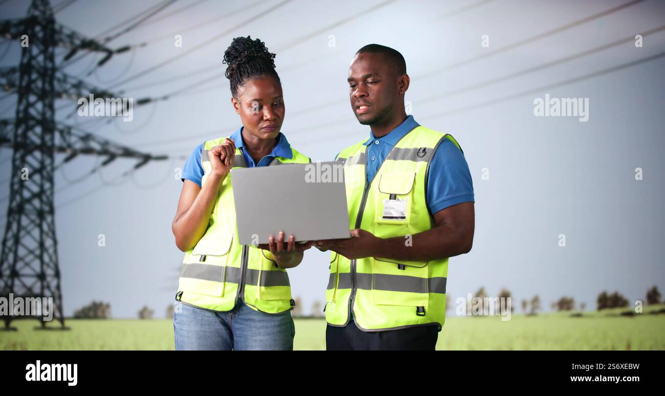 Engineers Using Computer Technology New Energy Tower. Electricity And ...