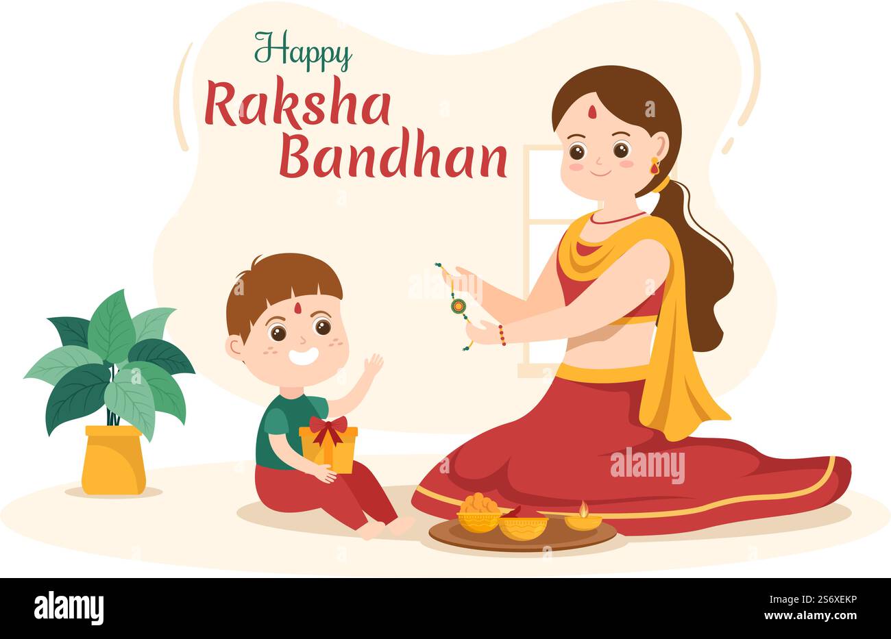 Happy Raksha Bandhan Cartoon Illustration with Sister Tying Rakhi on ...