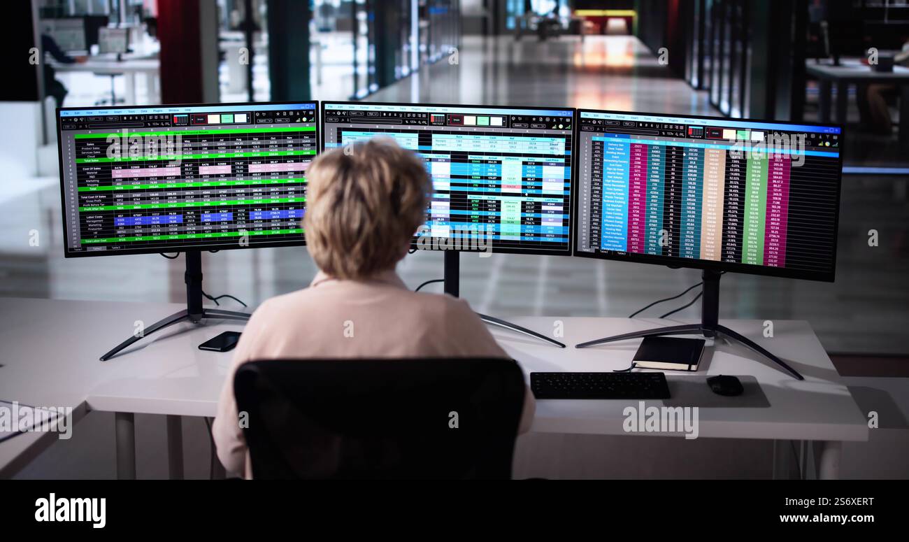Computer Spreadsheet Data Analyst Woman Using Multiple Screens Stock ...