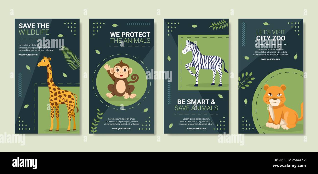 Wildlife Park Animals Social Media Stories Template Flat Cartoon ...