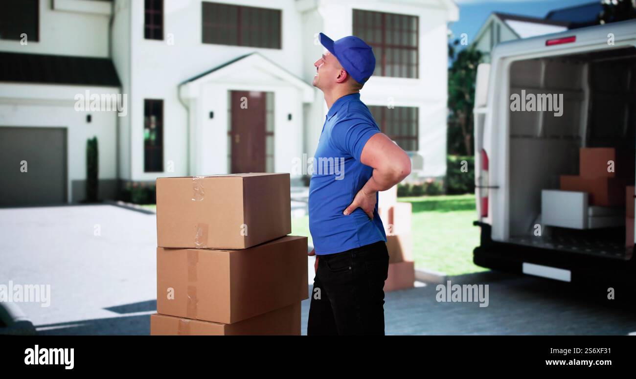 Truck Mover Unloading Van Carrying Boxes And Moving House Stock Photo ...