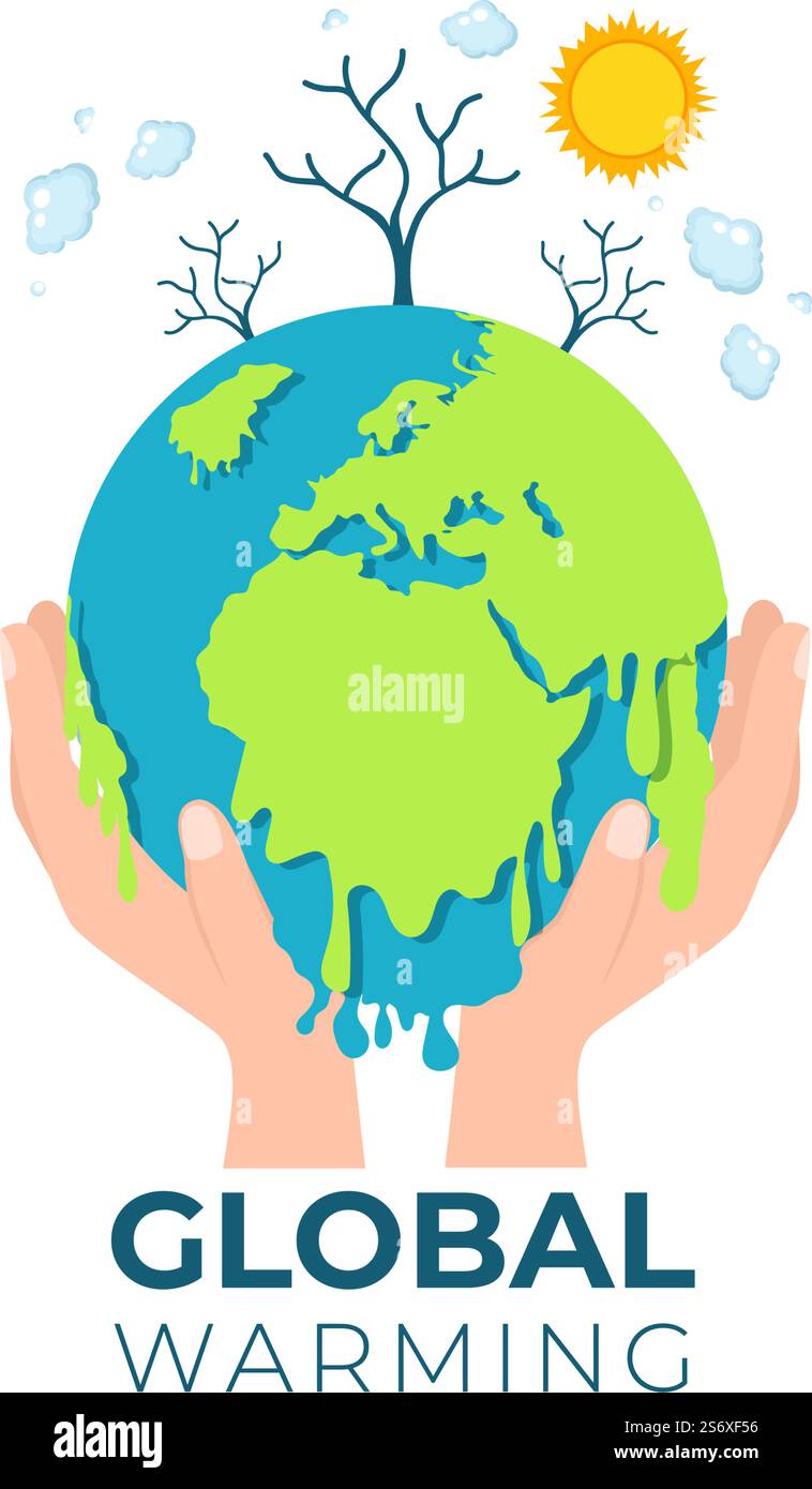 Global Warming Cartoon Style Illustration with Planet Earth in a Melting or Burning State and ...
