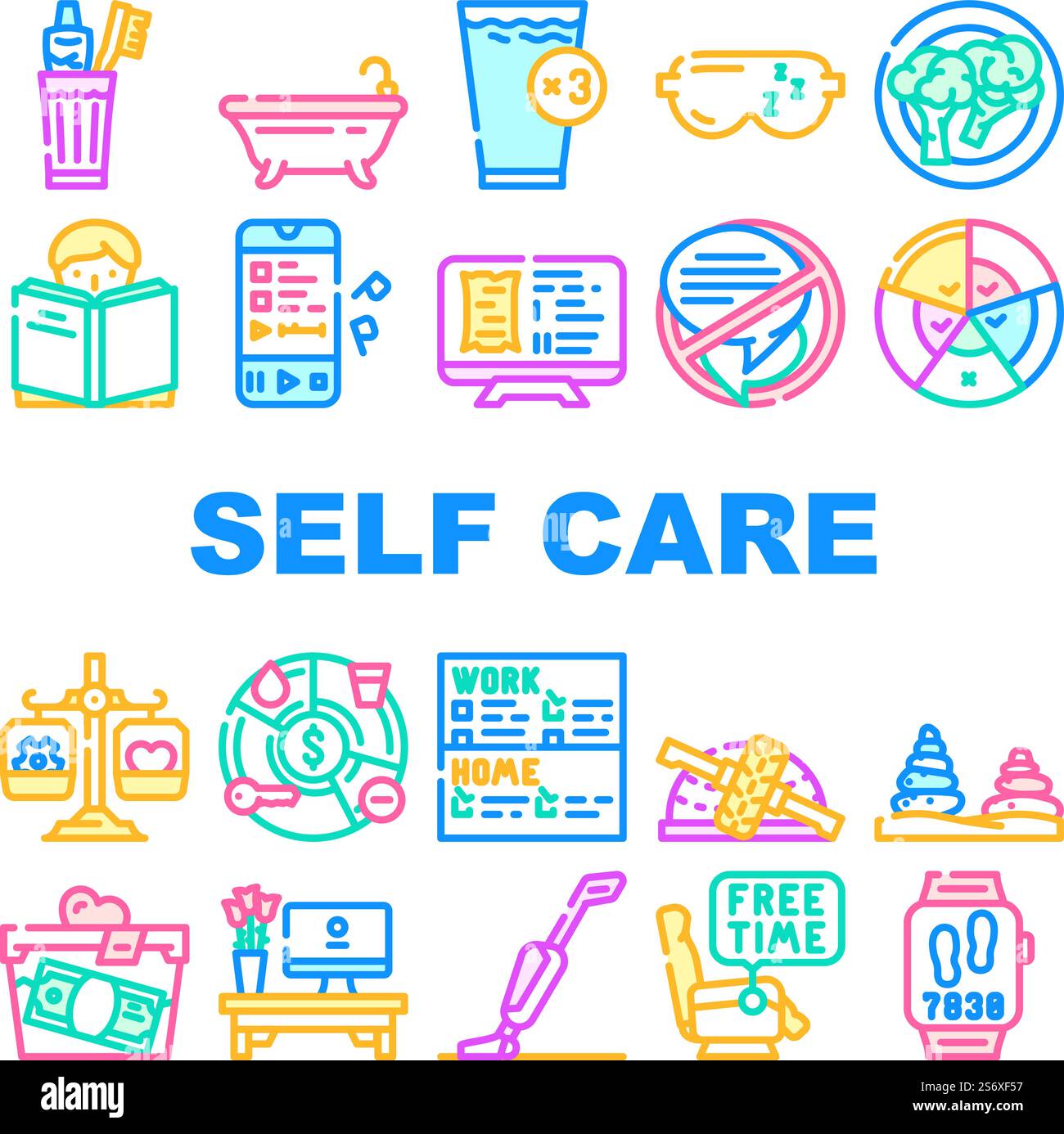 Self Care Procedure And Life Task Icons Set Vector. Self Care Training ...