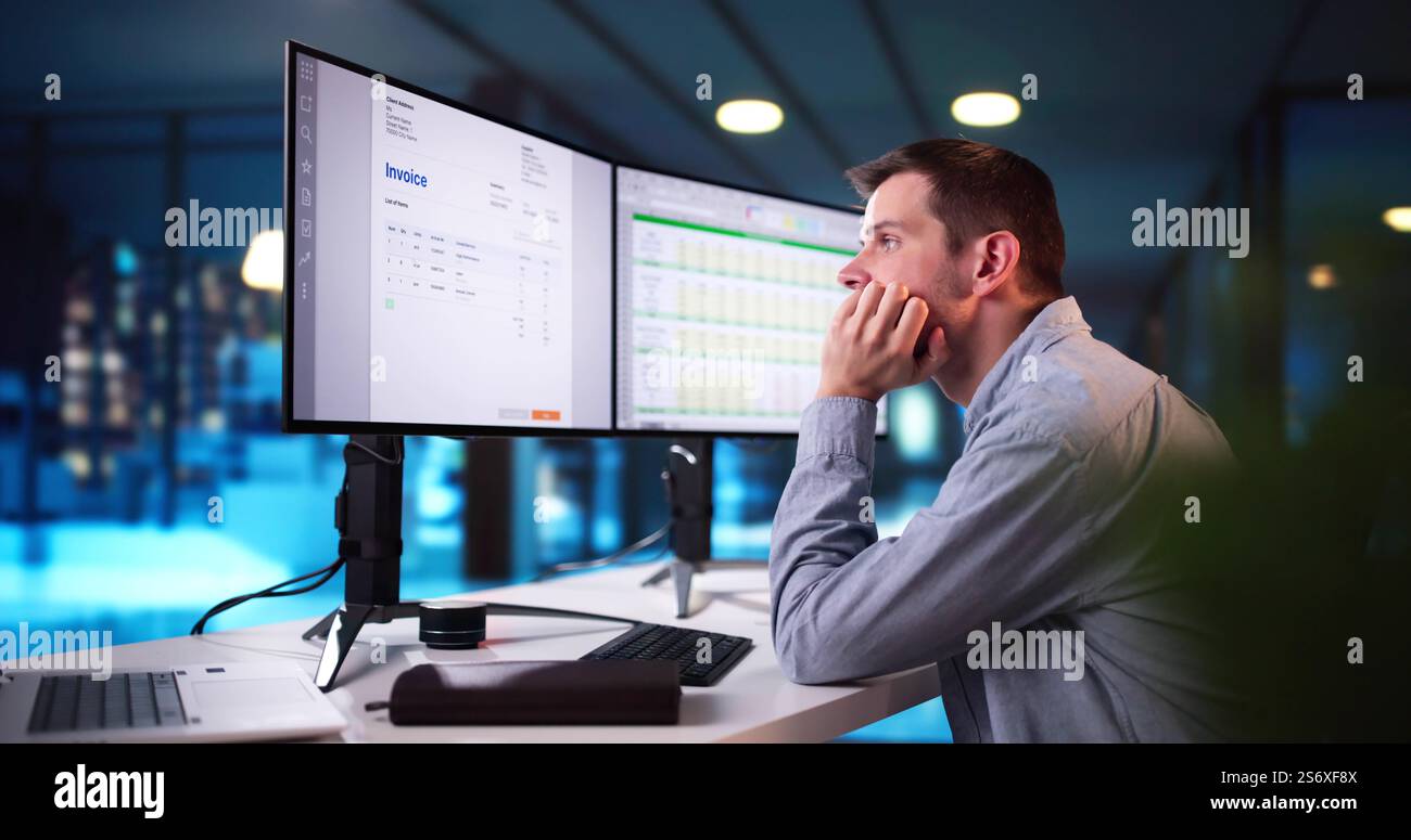 Sad Bored Accountant Using Office PC At Night Stock Photo - Alamy