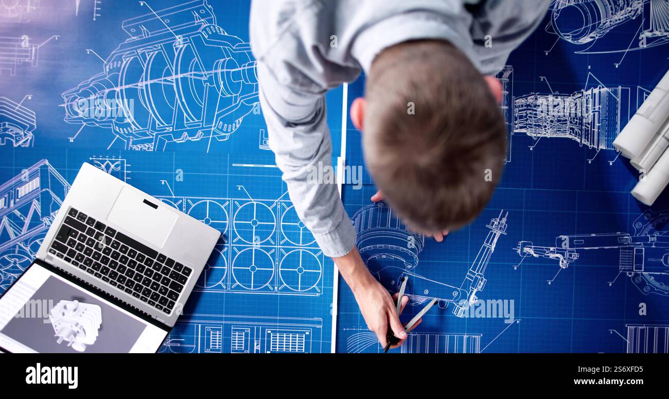 Design Industry And Development. Machine Blueprint At Factory. Scheme ...