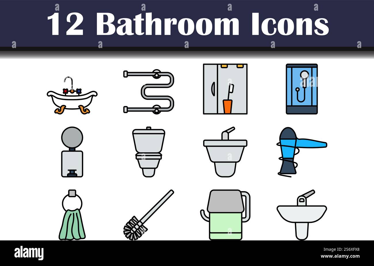 Bathroom Icon Set. Editable Bold Outline With Color Fill Design. Vector ...