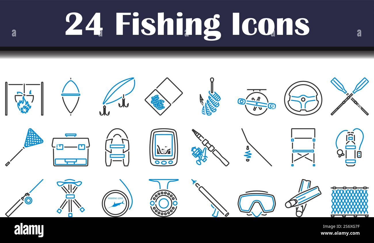 Fishing Icon Set. Editable Bold Outline With Color Fill Design. Vector ...