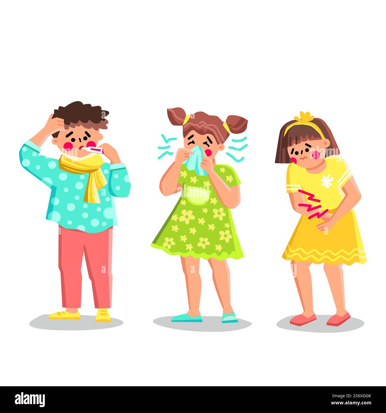 unhealthy sick kid vector. flu home, boy girl, ill patient child ...