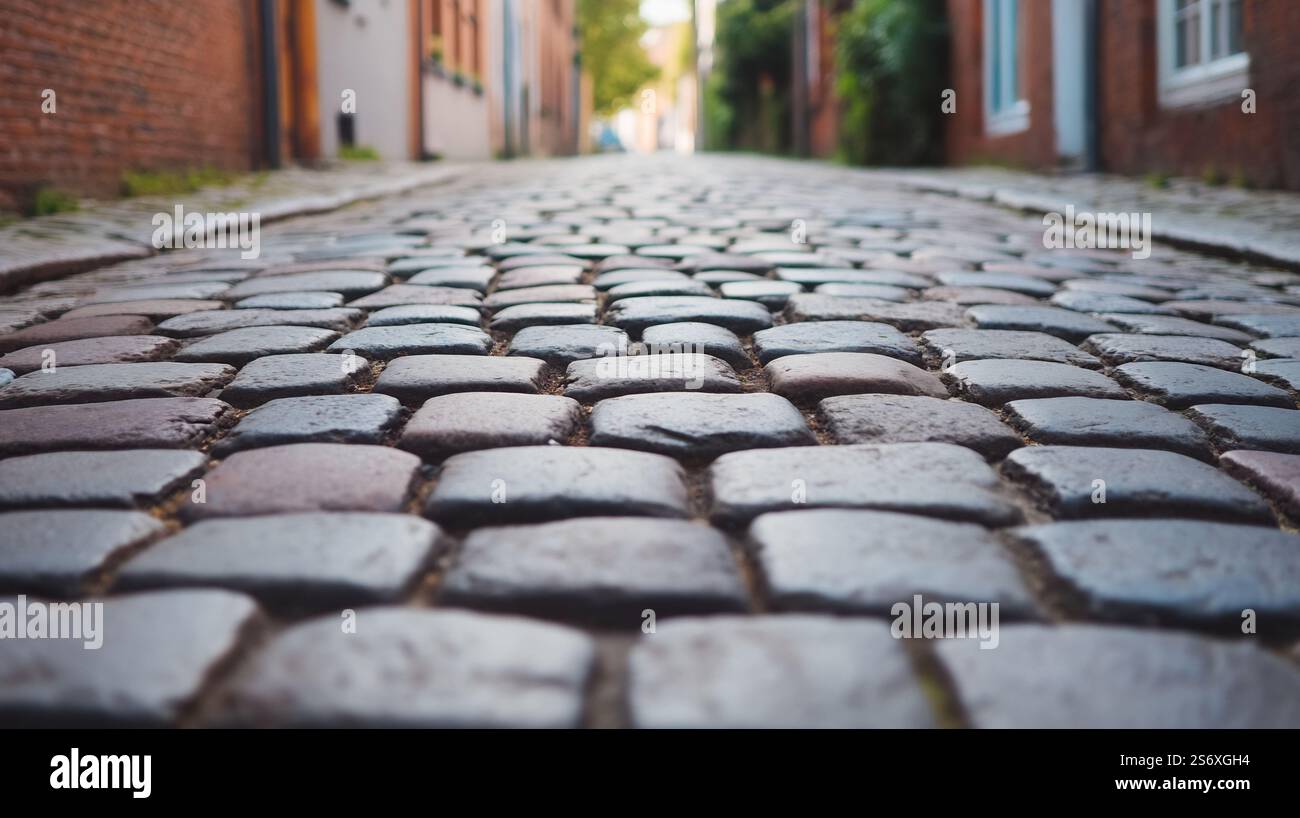 Cobblestone street winding through a picturesque historic town ...