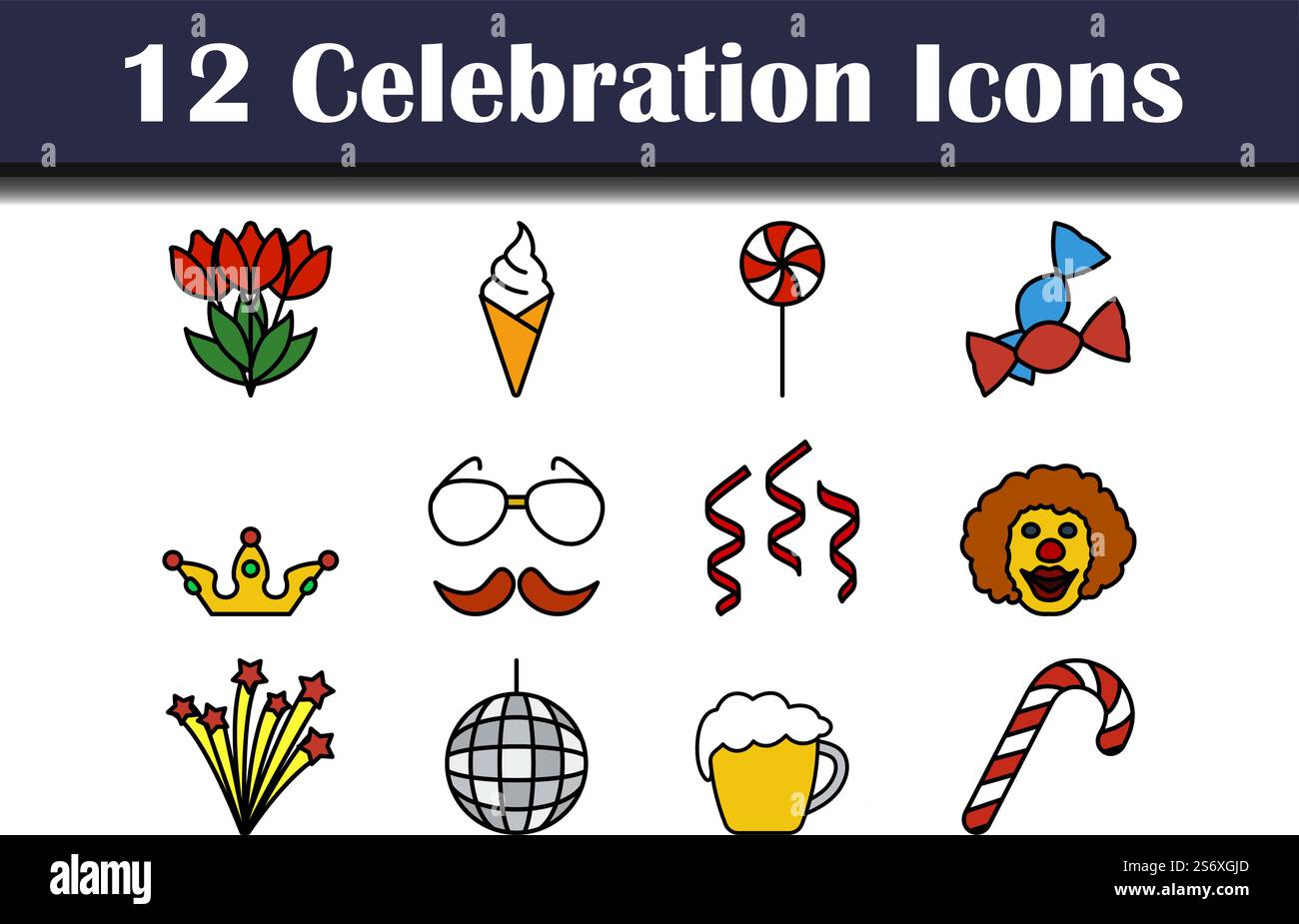 Celebration Icon Set. Editable Bold Outline With Color Fill Design ...