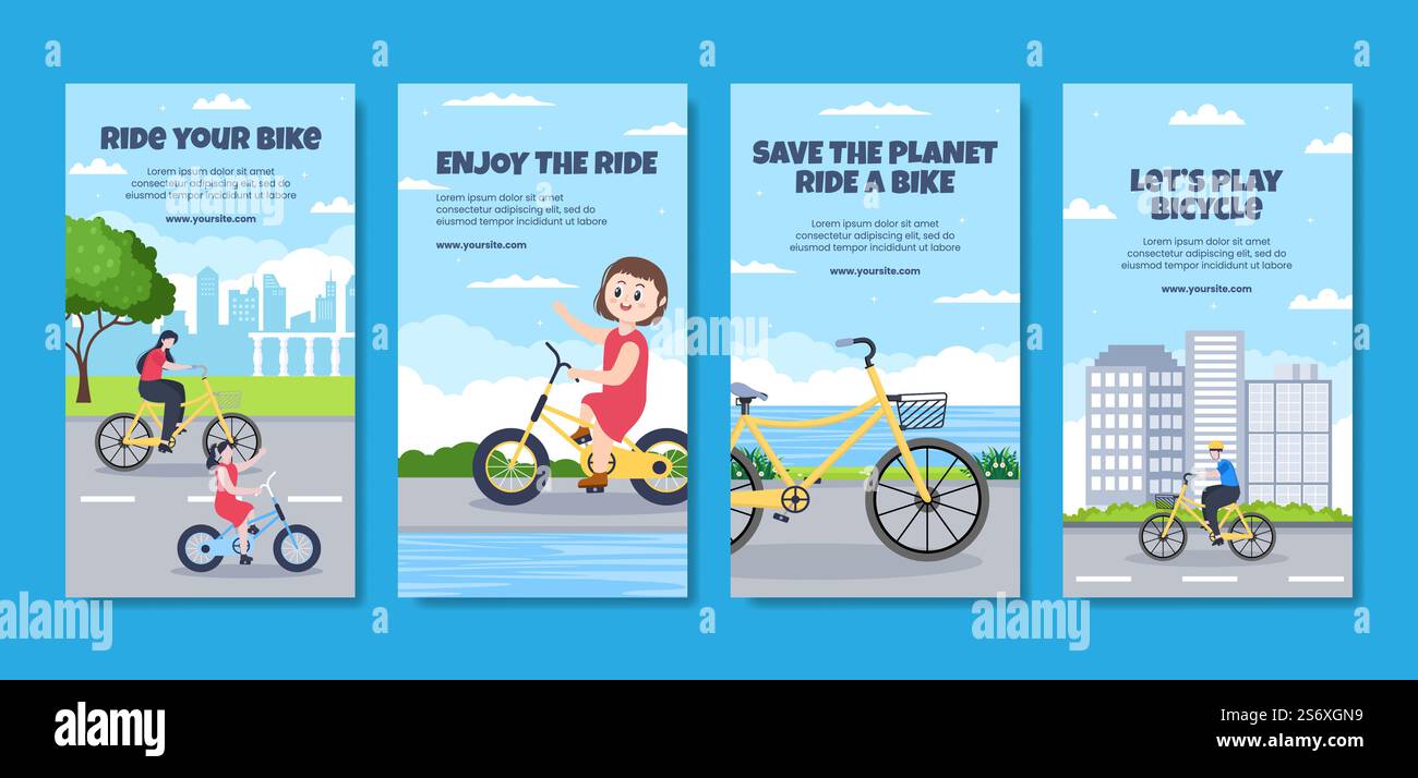 Lets Play Bicycle Social Media Stories Template Flat Cartoon Background ...