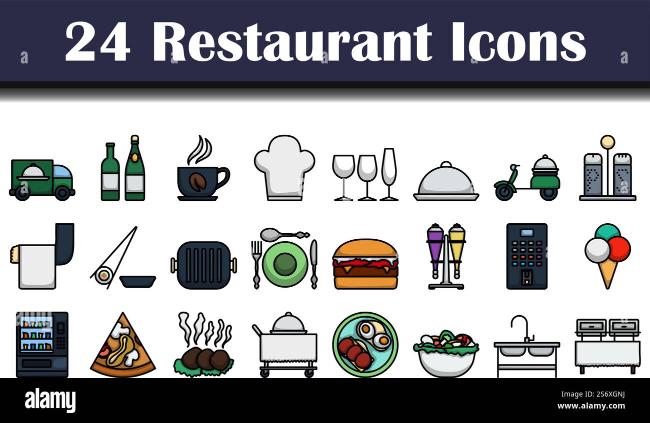 Restaurant Icon Set. Editable Bold Outline With Color Fill Design ...