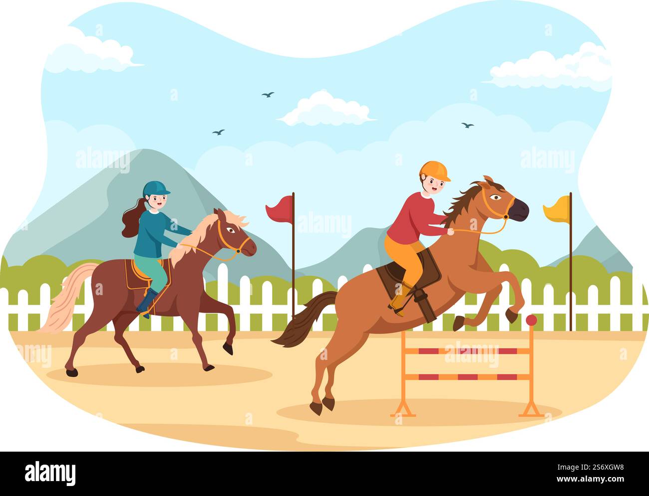 Horse Race Cartoon Illustration with Characters People doing ...