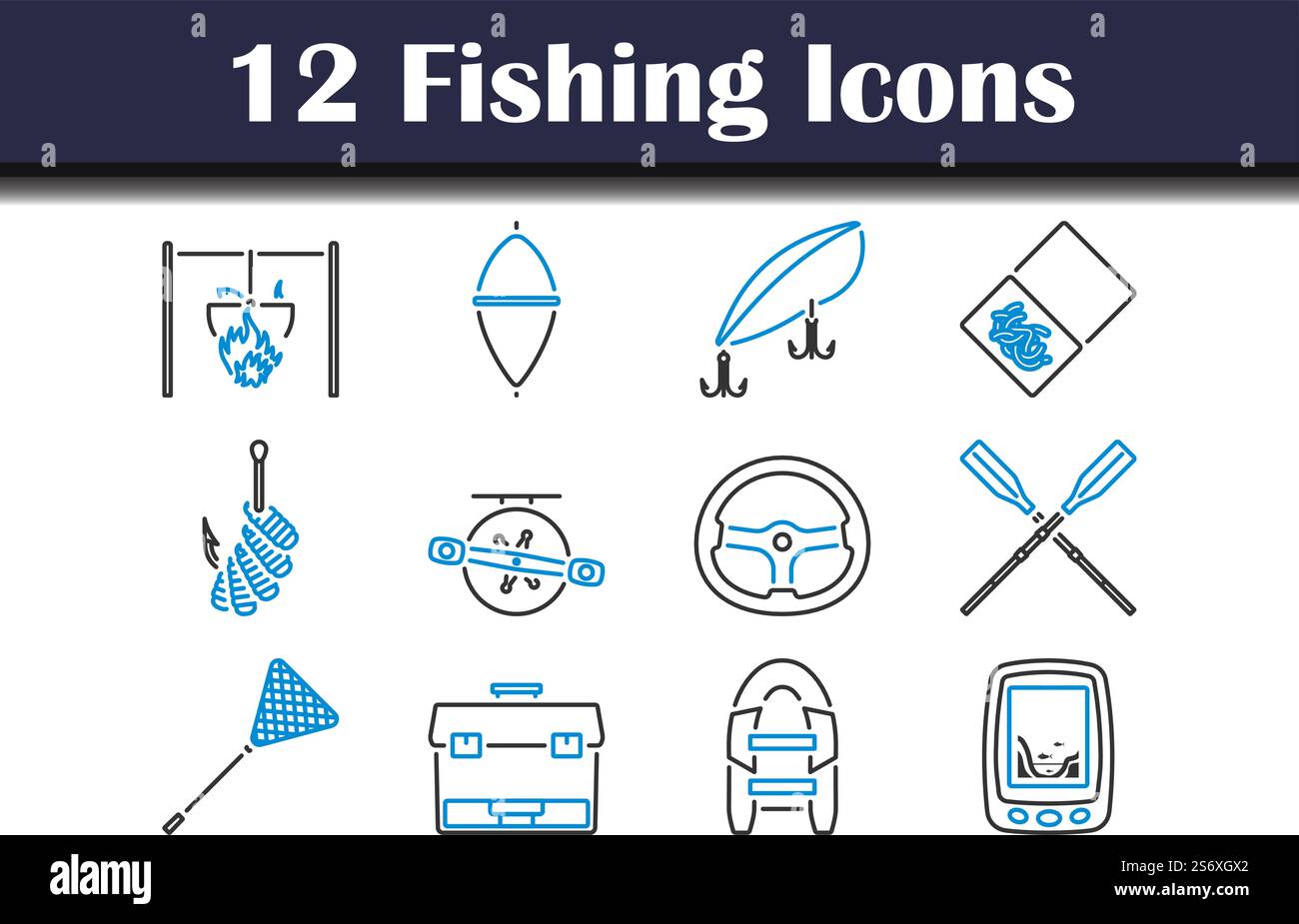 Fishing Icon Set. Editable Bold Outline With Color Fill Design. Vector ...