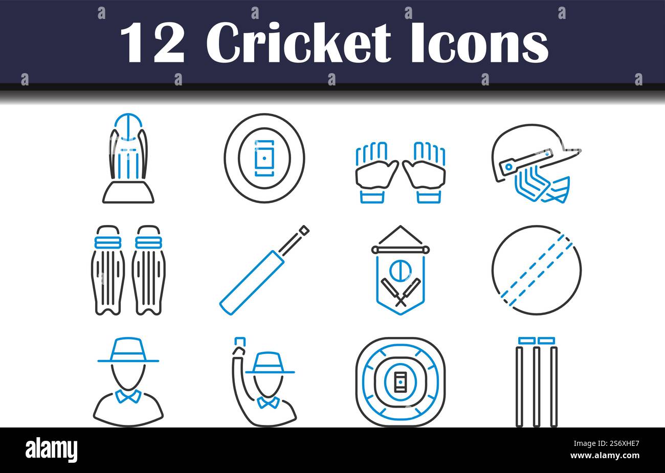 Cricket Icon Set. Editable Bold Outline With Color Fill Design. Vector ...
