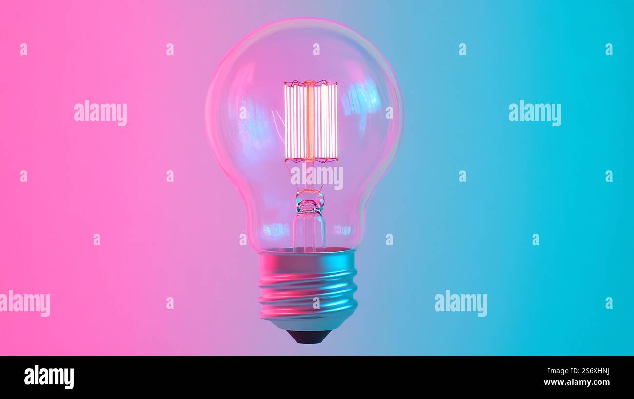 Transparent glass light bulb with glowing filament on a vibrant pink ...