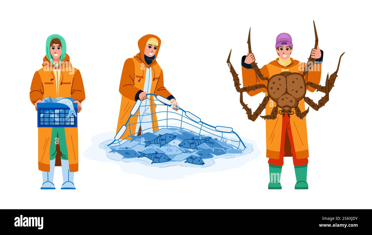 commercial fishing vector. boat sea fishermen with crab, ocean industry ...