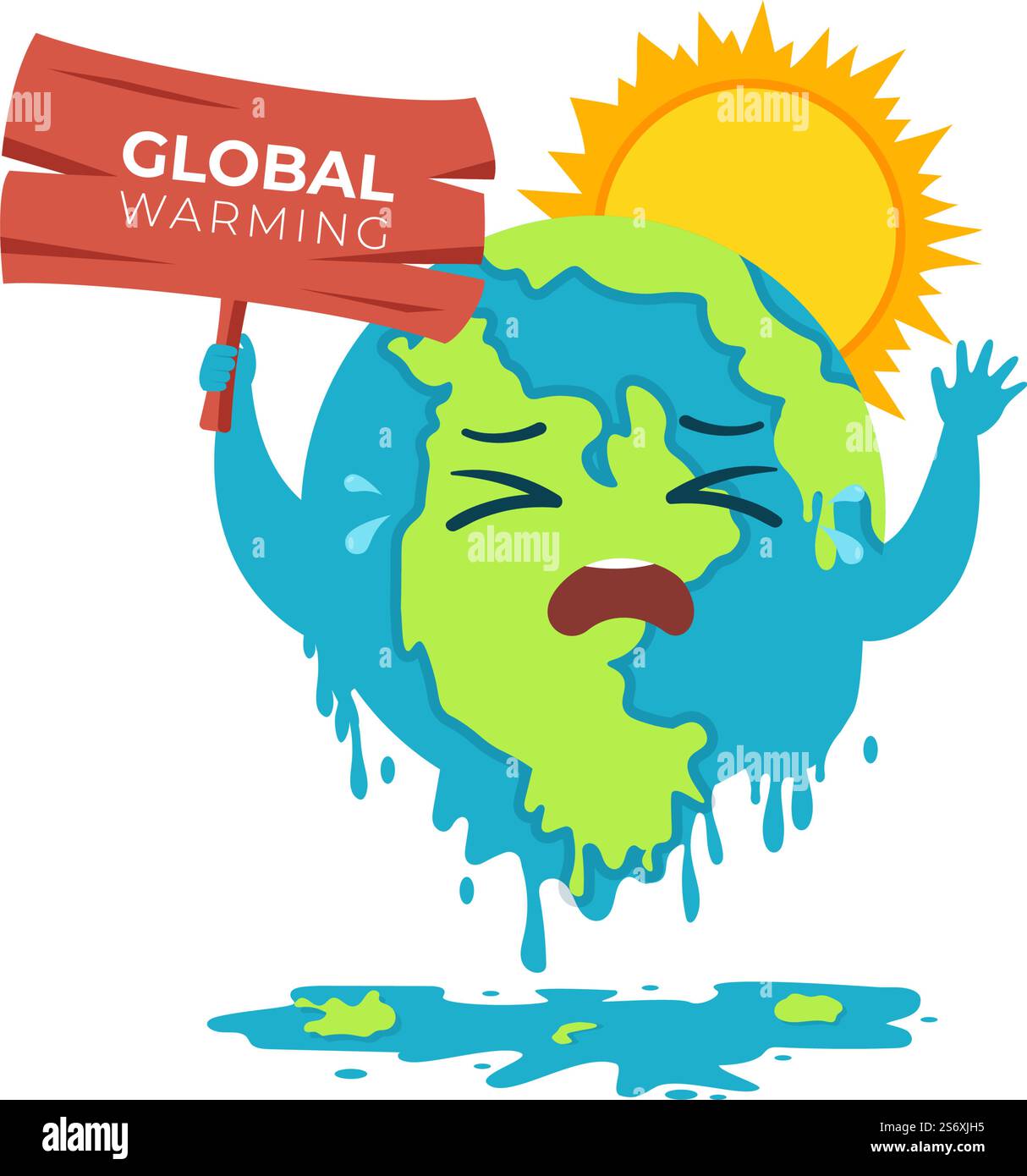 Global Warming Cartoon Style Illustration with Planet Earth in a Melting or Burning State and ...
