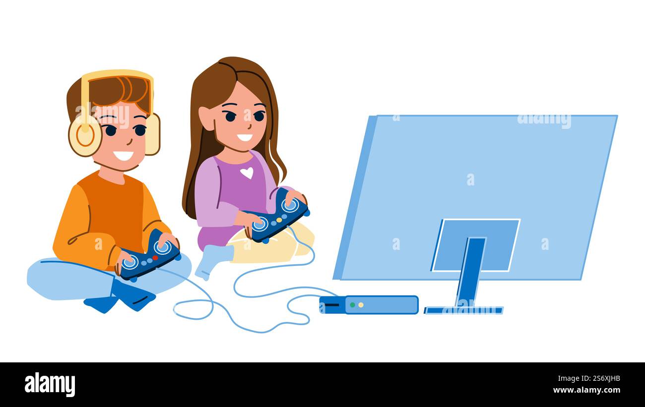 children play video game vector. kid boy girl, home family console ...