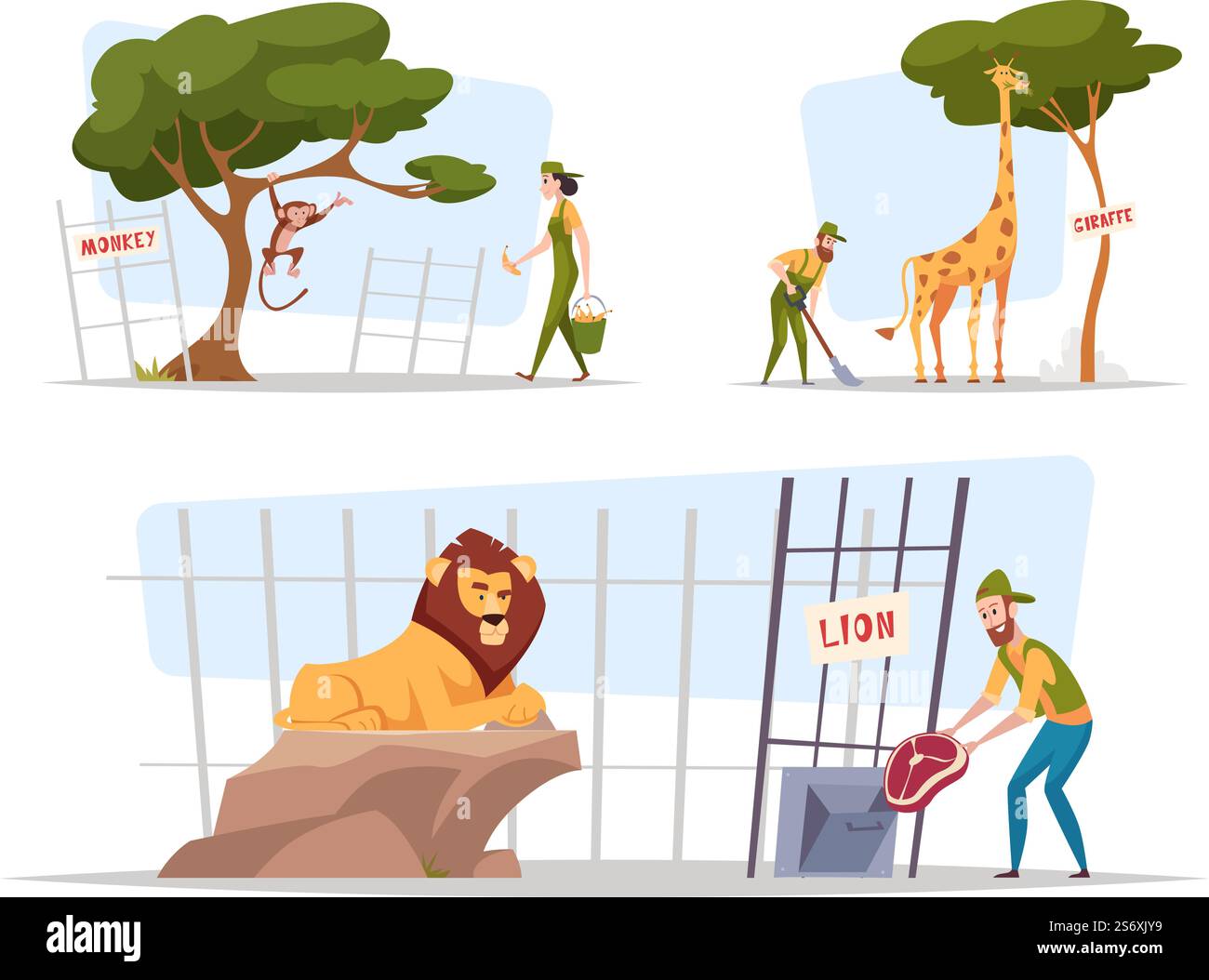 Zoo stuff. People working in zoo animals care and feeds monkey bear giraffe lion exact vector ...