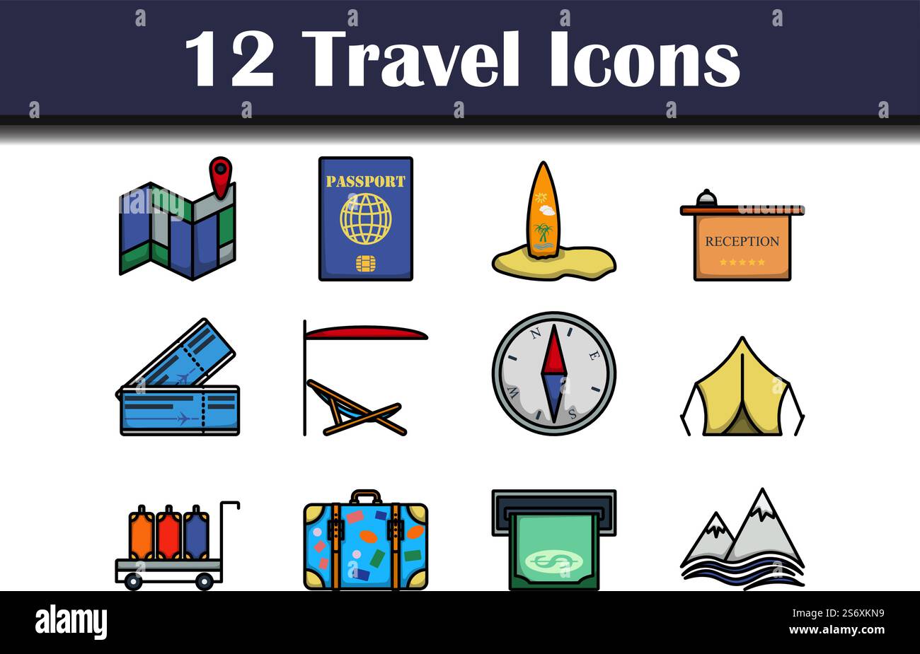 Travel Icon Set. Editable Bold Outline With Color Fill Design. Vector ...