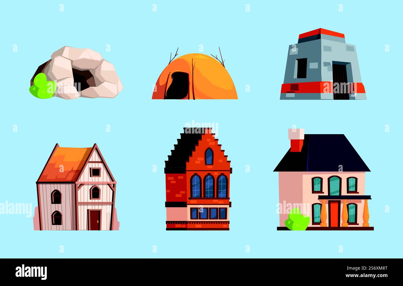 Building evolution. Simple rock cave wooden houses architectural ages ...