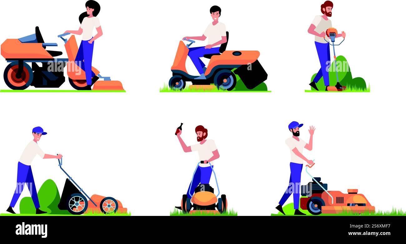 Green grass care. Characters gardeners working with lawn mowing ...