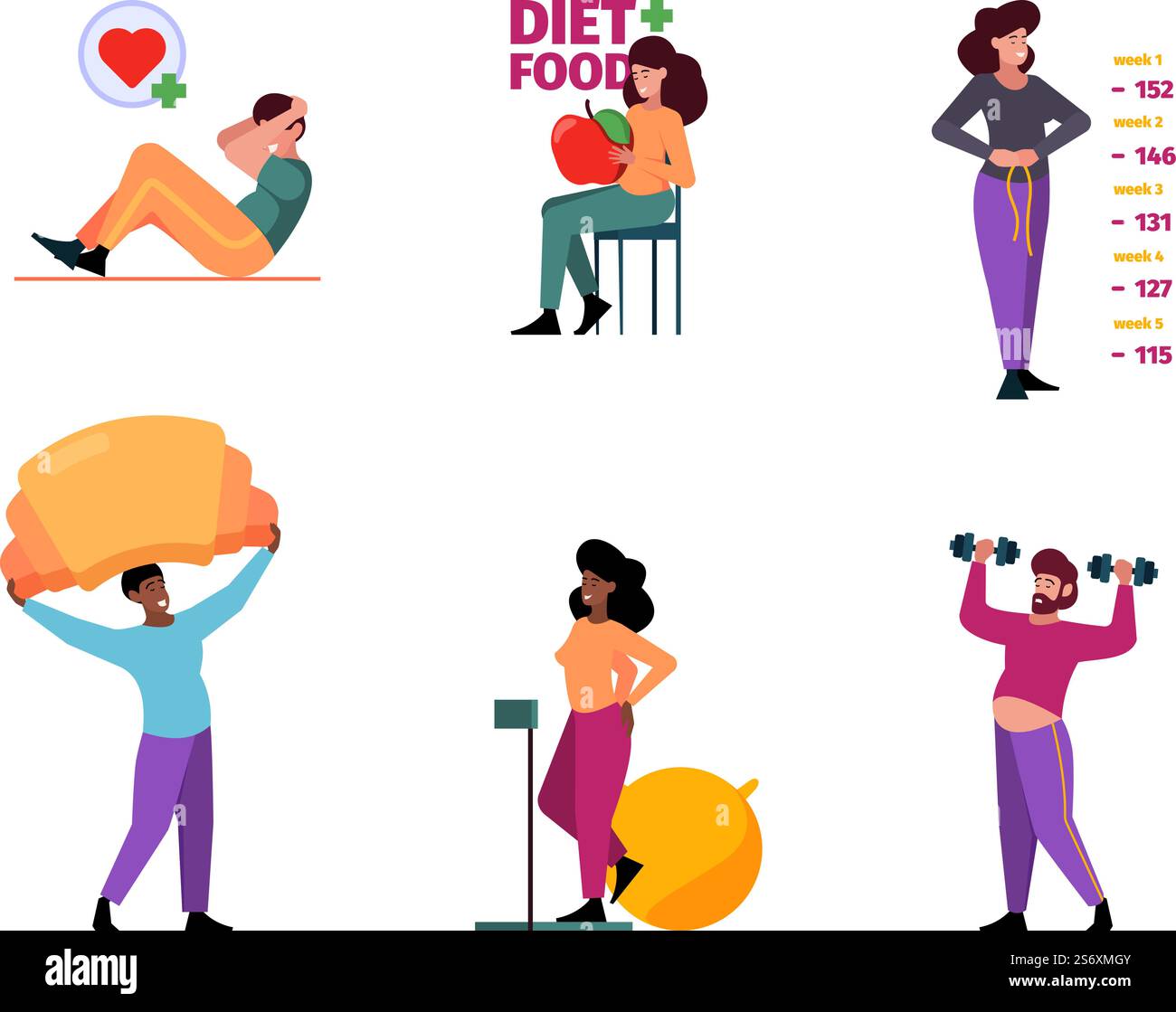 Weight loss. Concept scenes with characters fat woman eating healthy ...