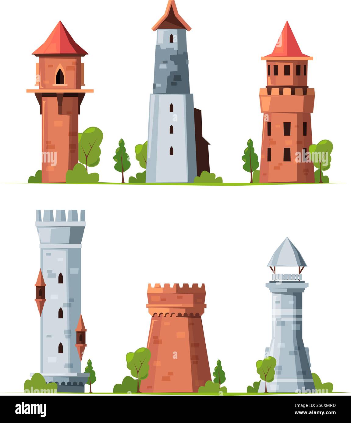 Towers. Medieval fairytale castles fortress towers bastion in cartoon style garish vector ...