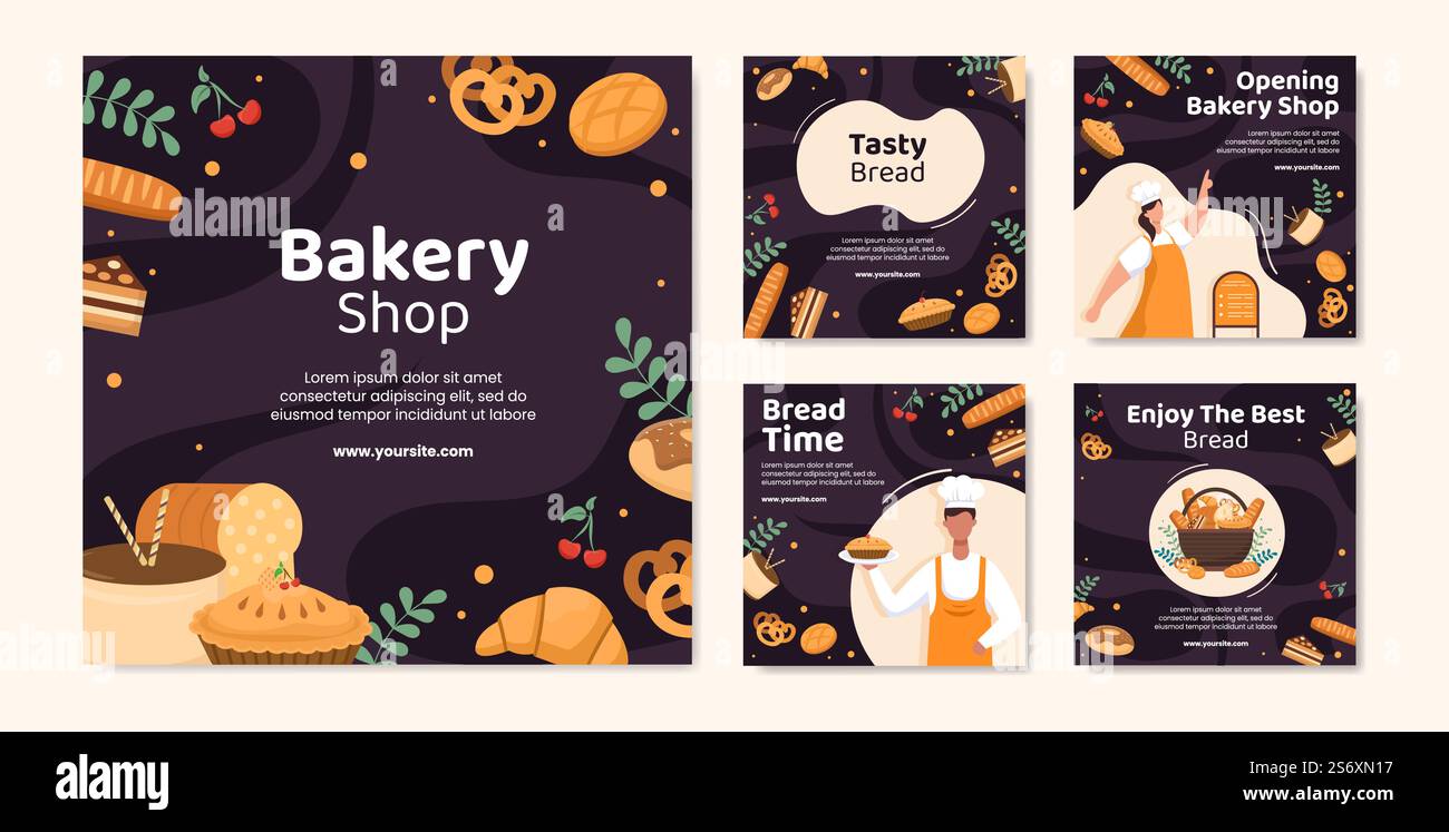 Bakery Shop Social Media Post Template Flat Cartoon Background Vector ...