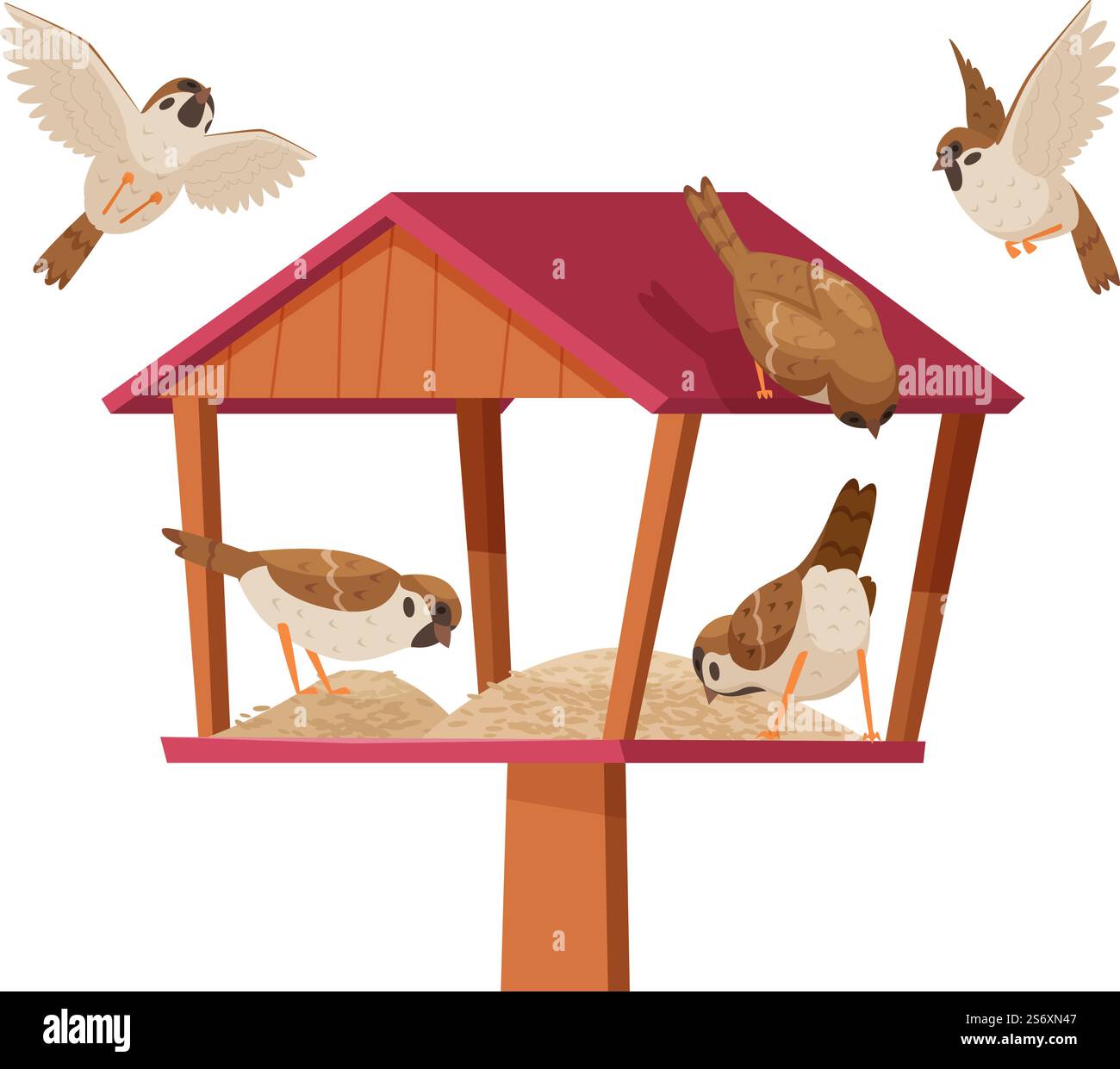 Sparrows in birdhouse. Chirp birds characters flying and eating crumbs ...
