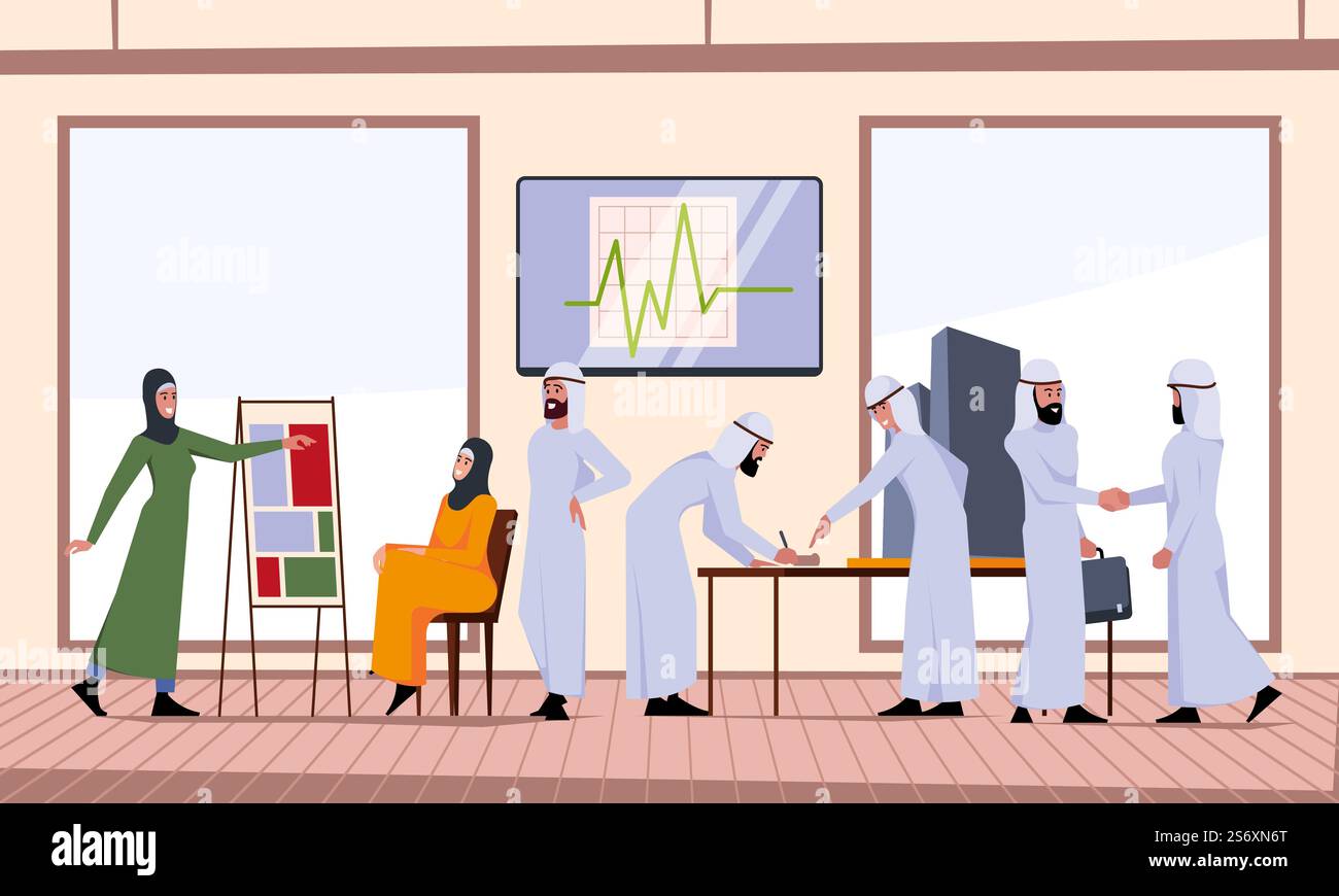 Arabic business meeting. Saudi workers in lecture room talking digital ...