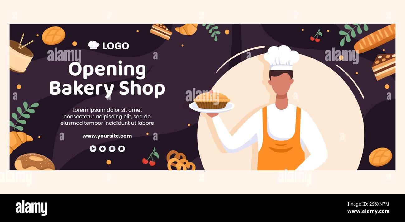 Bakery Shop Social Media Cover Template Flat Cartoon Background Vector ...